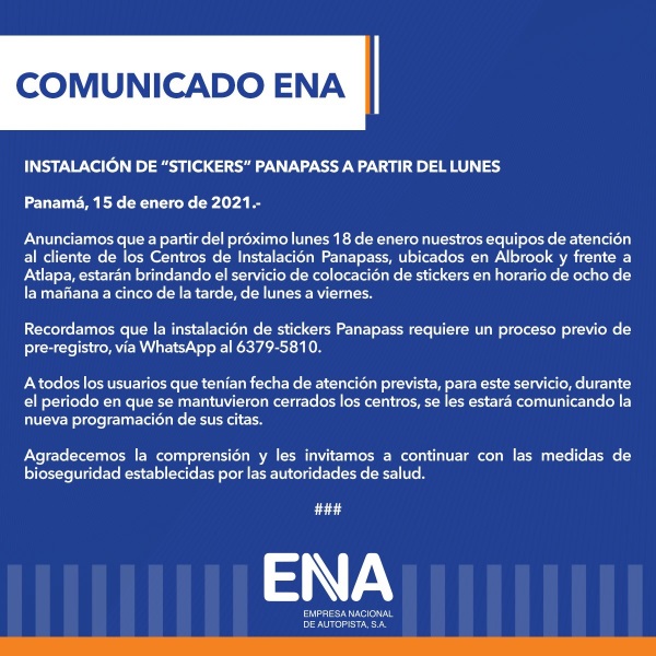 ENA Anuncia Instalación De “Stickers” Panapass, A Partir Del Lunes, 18 ...