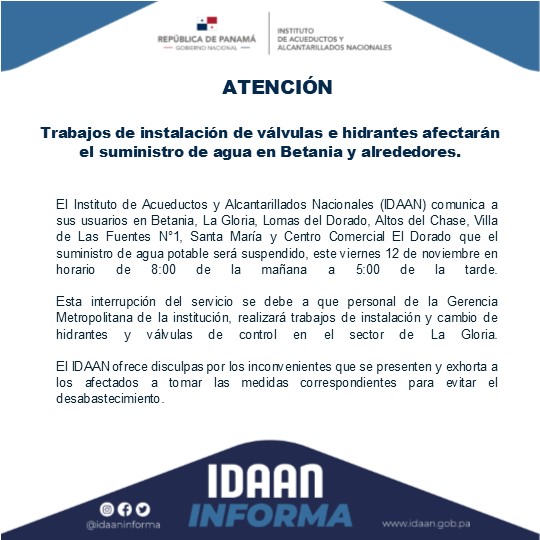 Suministro Irregular De Agua En Betania, Este Viernes, 12 De Noviembre ...