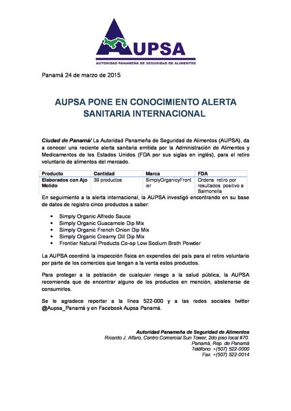 AUPSA pone en conocimiento Alerta Sanitaria Internacional – Portal SERTV